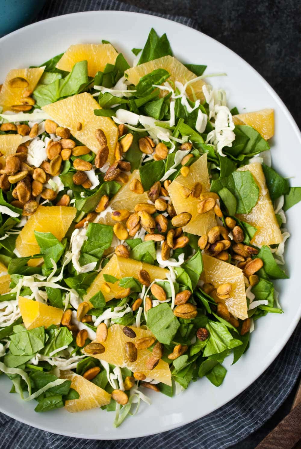 Easy Spinach & Green Cabbage Citrus Salad w/ Pistachios