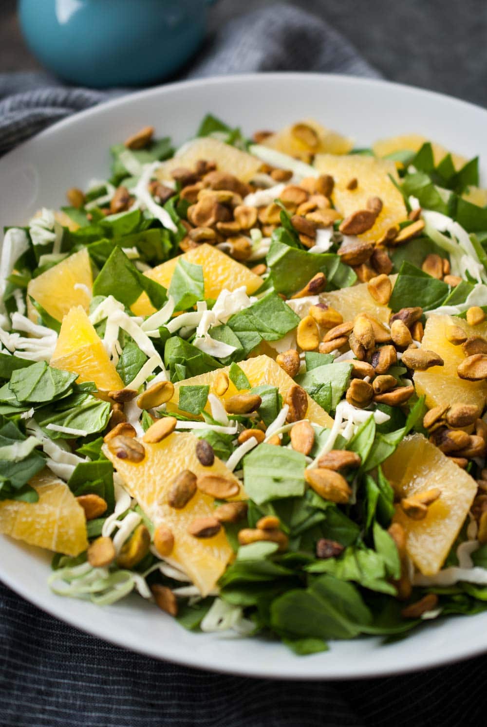 Easy Spinach & Green Cabbage Citrus Salad w/ Pistachios